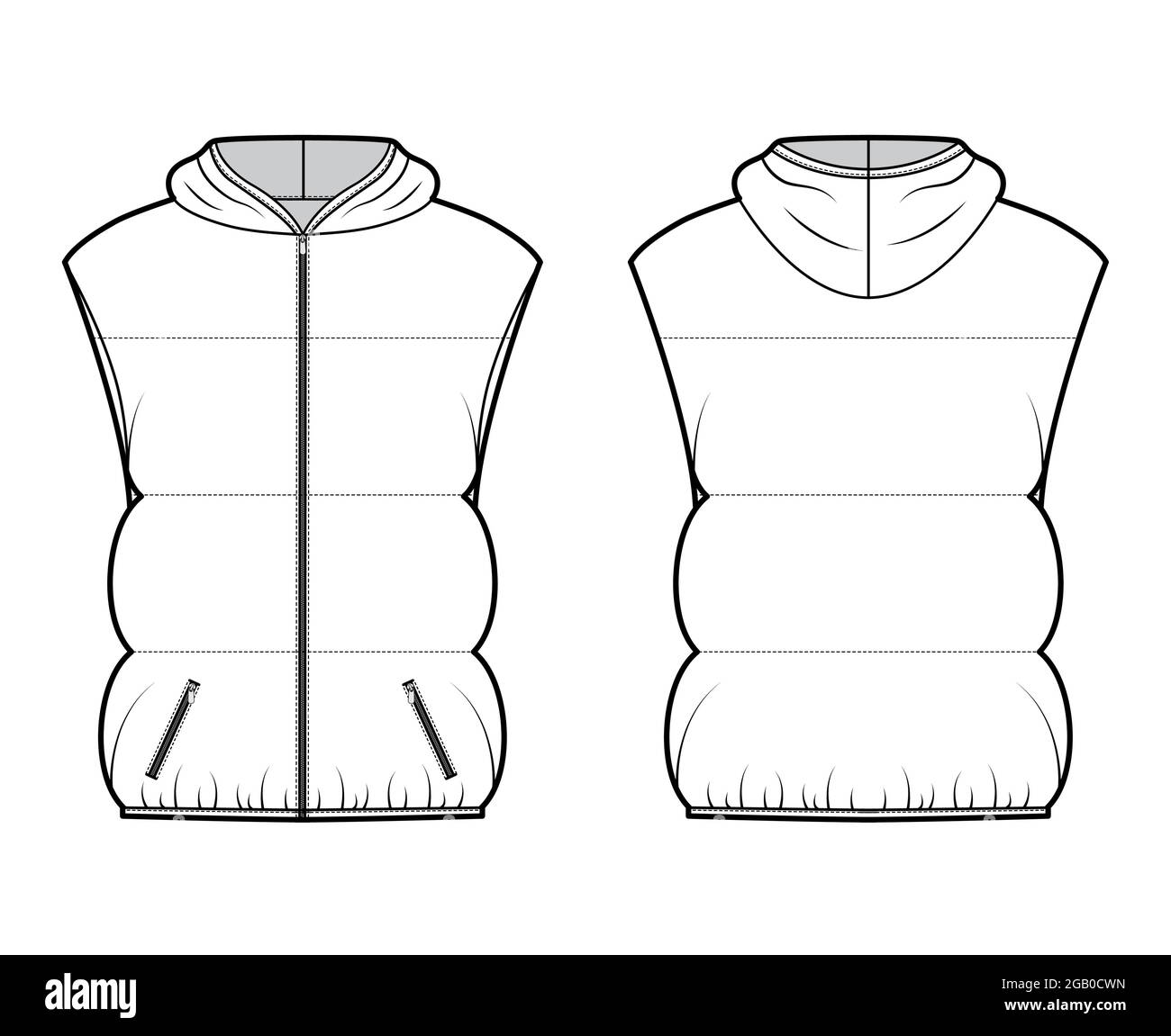 Down vest puffer waistcoat technical fashion illustration with hoody ...