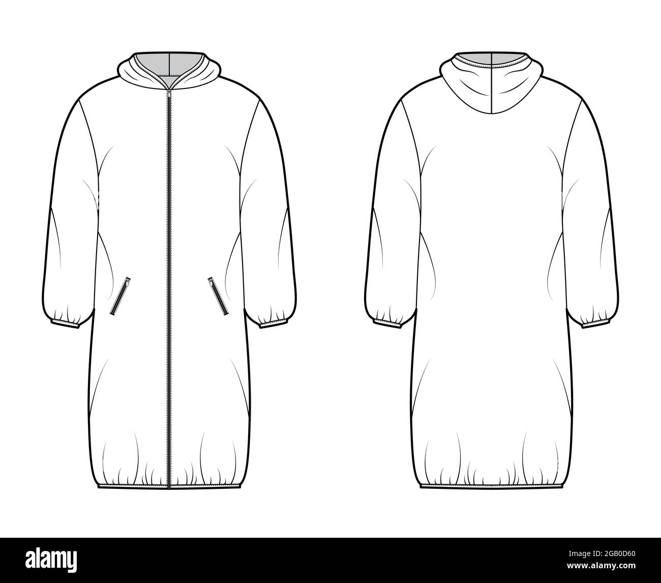 Hooded jacket Down puffer coat technical fashion illustration with long ...