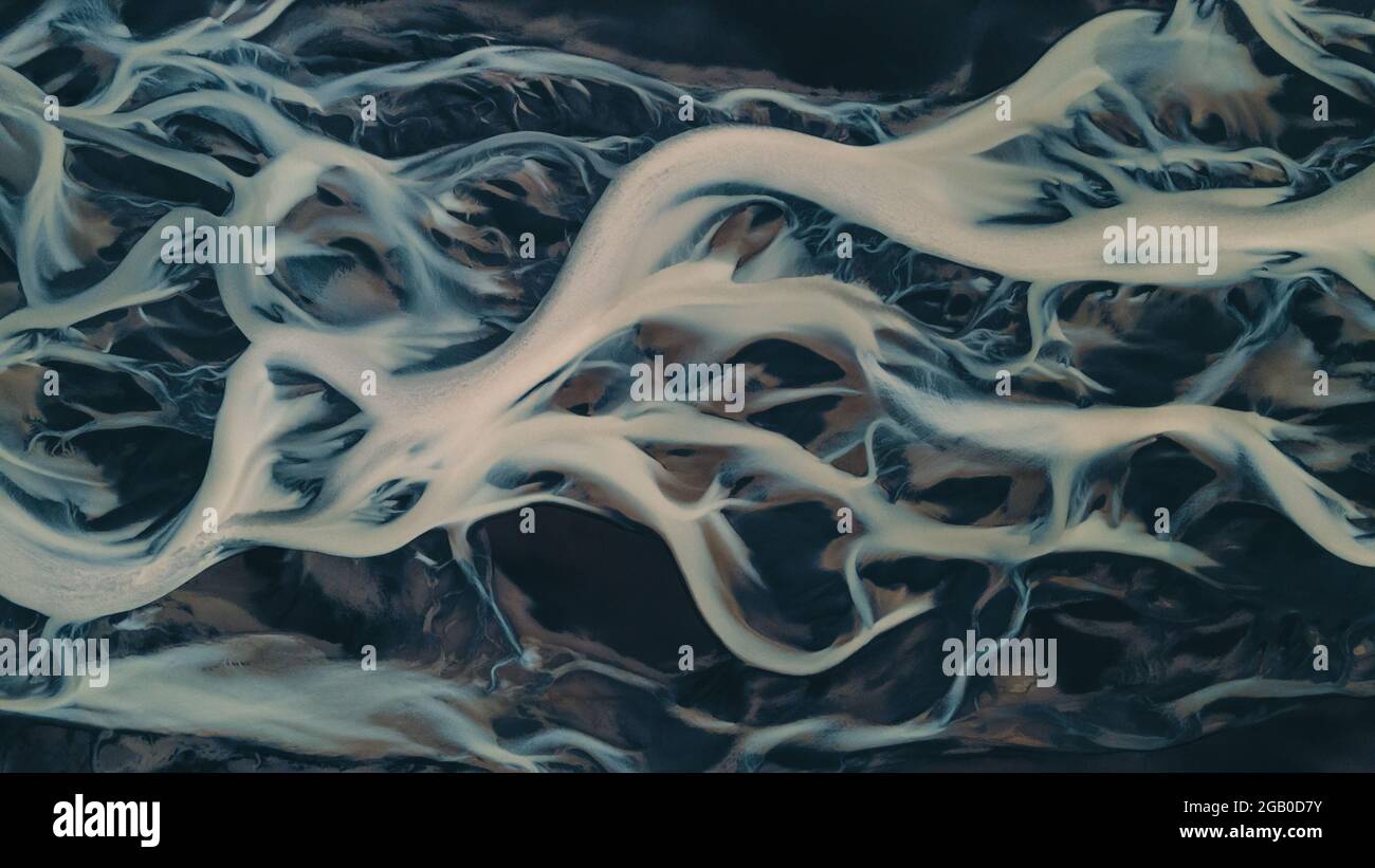 A glacial rivers from above. Aerial photograph of the river streams ...