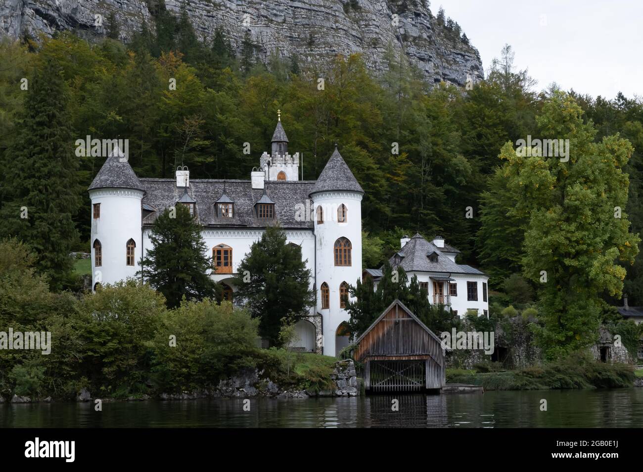 Hallstatt, Austria - October 6, 2019: Hallstatt view of an old white ...