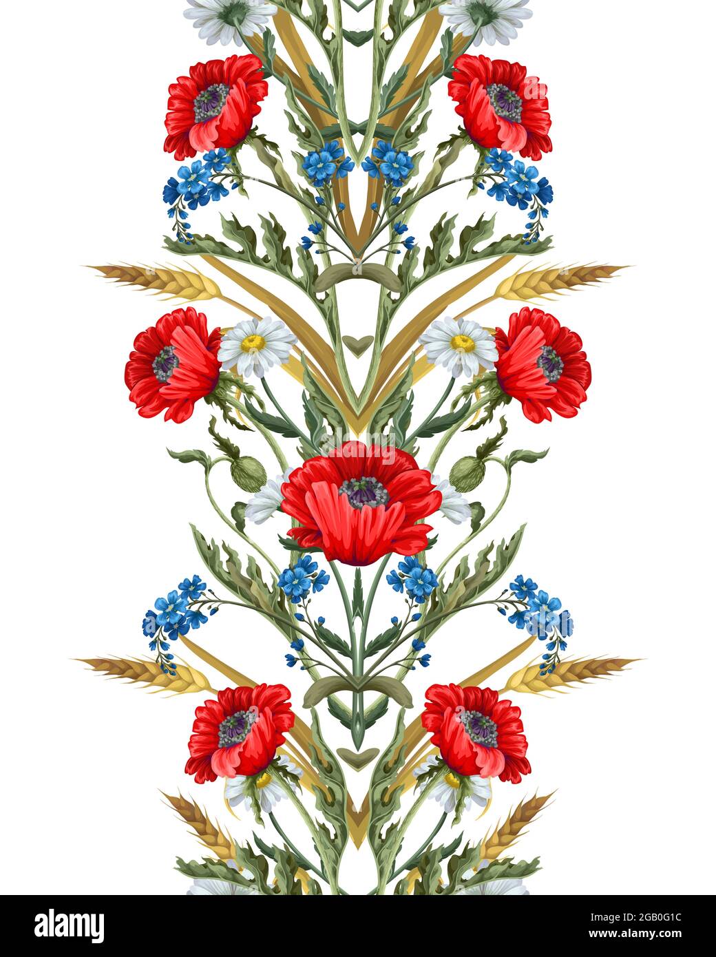 Border with botanical flowers such as poppies, chamomile, ear of wheat ...