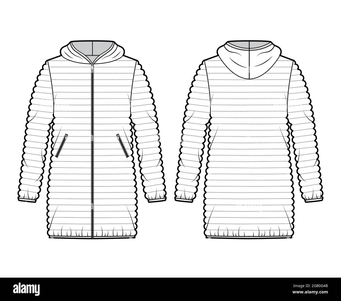 Down Puffer Coat Jacket Technical Fashion Illustration With Long