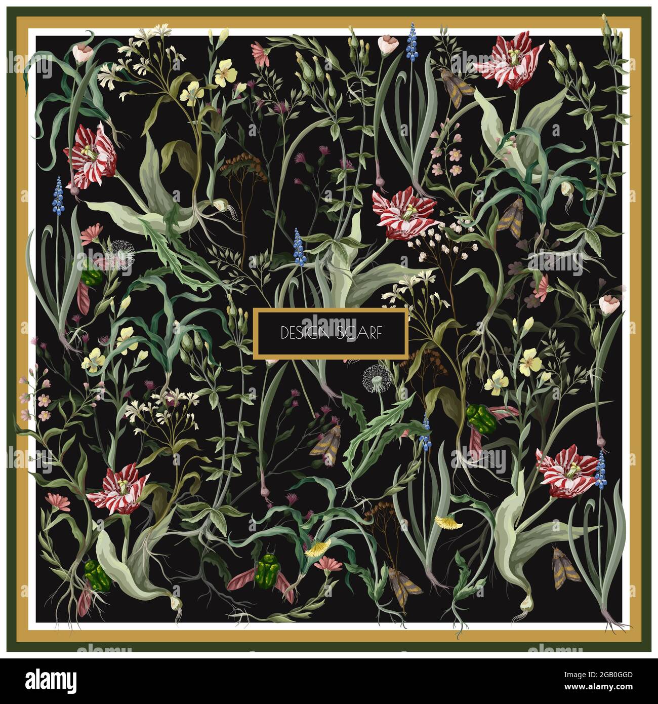 Design scarf with wild flowers and insects. Trendy vector print Stock ...