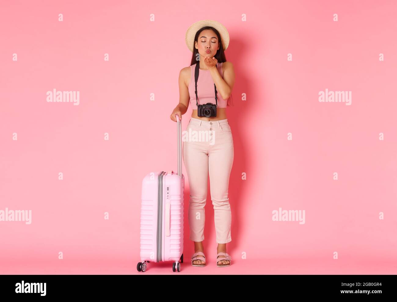 Tourism, summer vacation, holidays abroad concept. Full length of silly ...