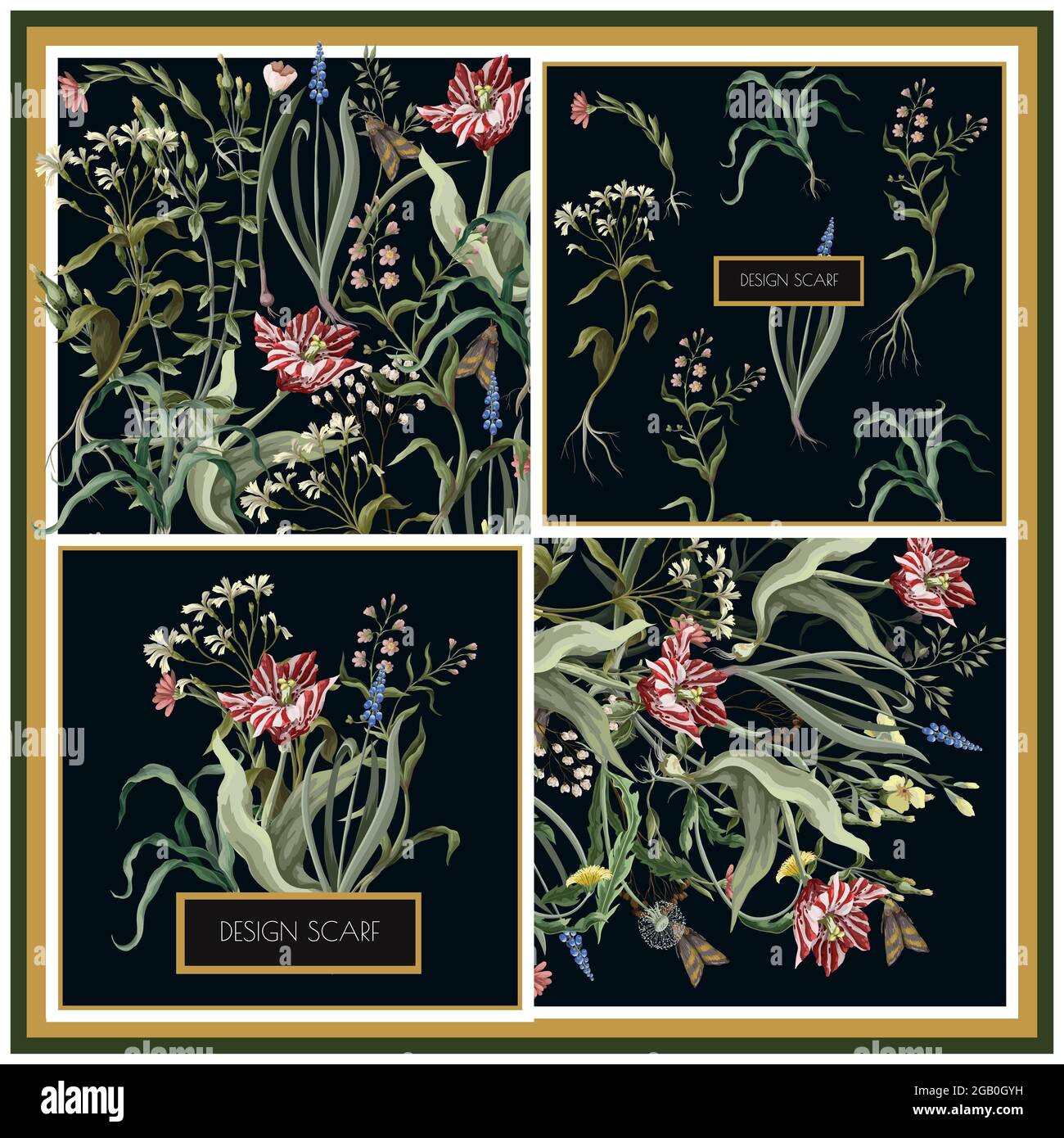 Design scarf with wild flowers and insects. Trendy vector print Stock ...