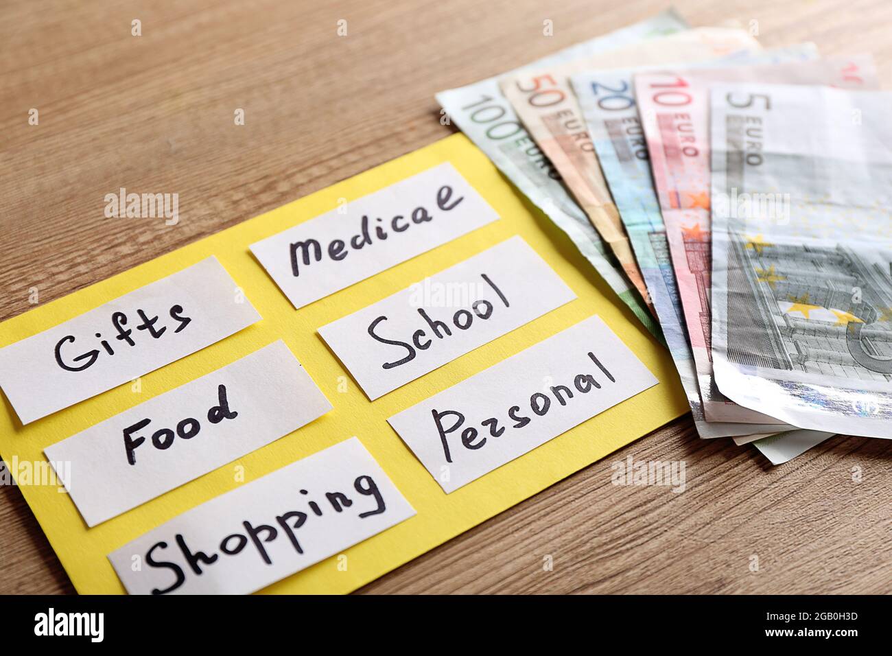List of needs and cash on wooden background Stock Photo - Alamy