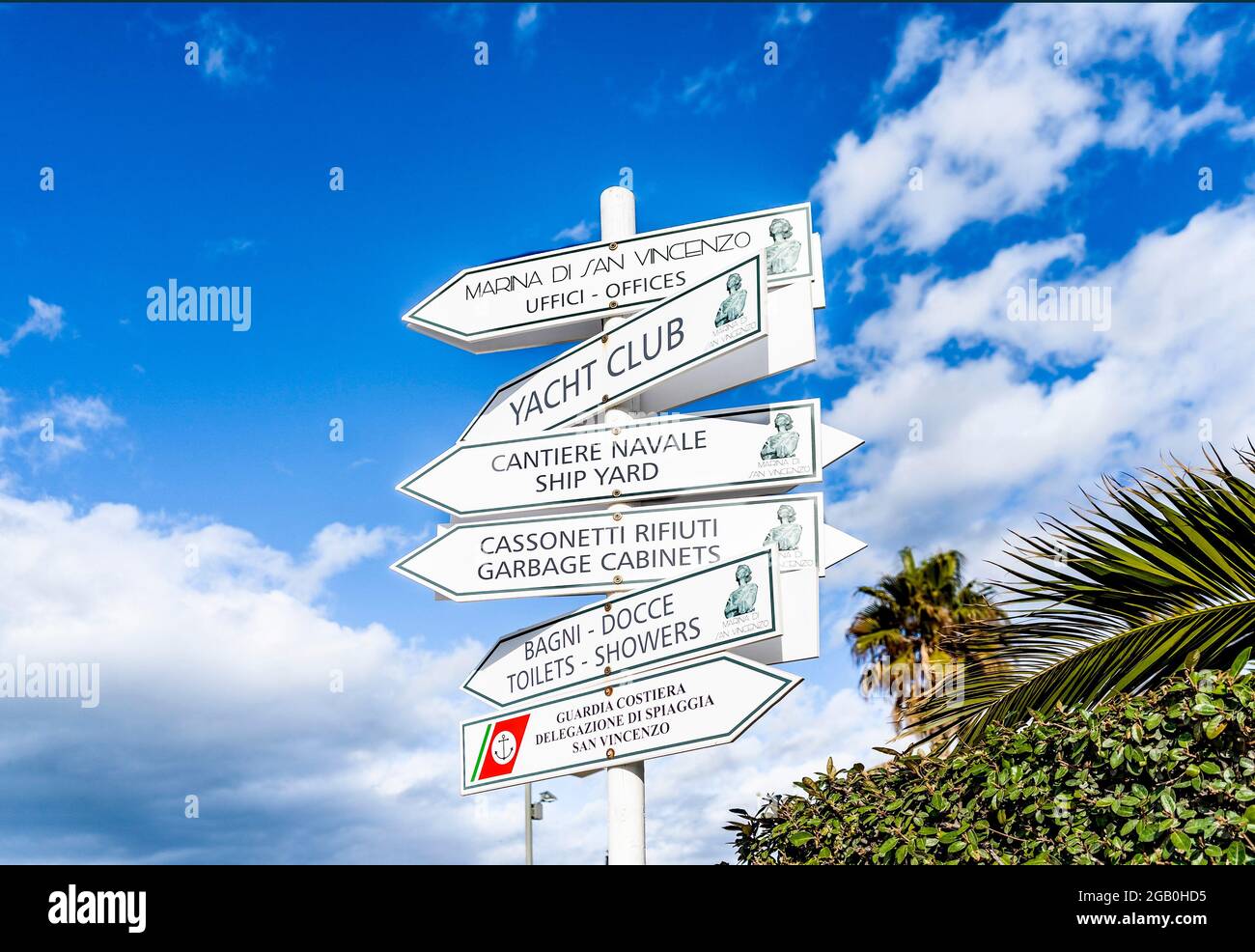 Direction signs meaning offices, yacht club, ship yard, garbage ...