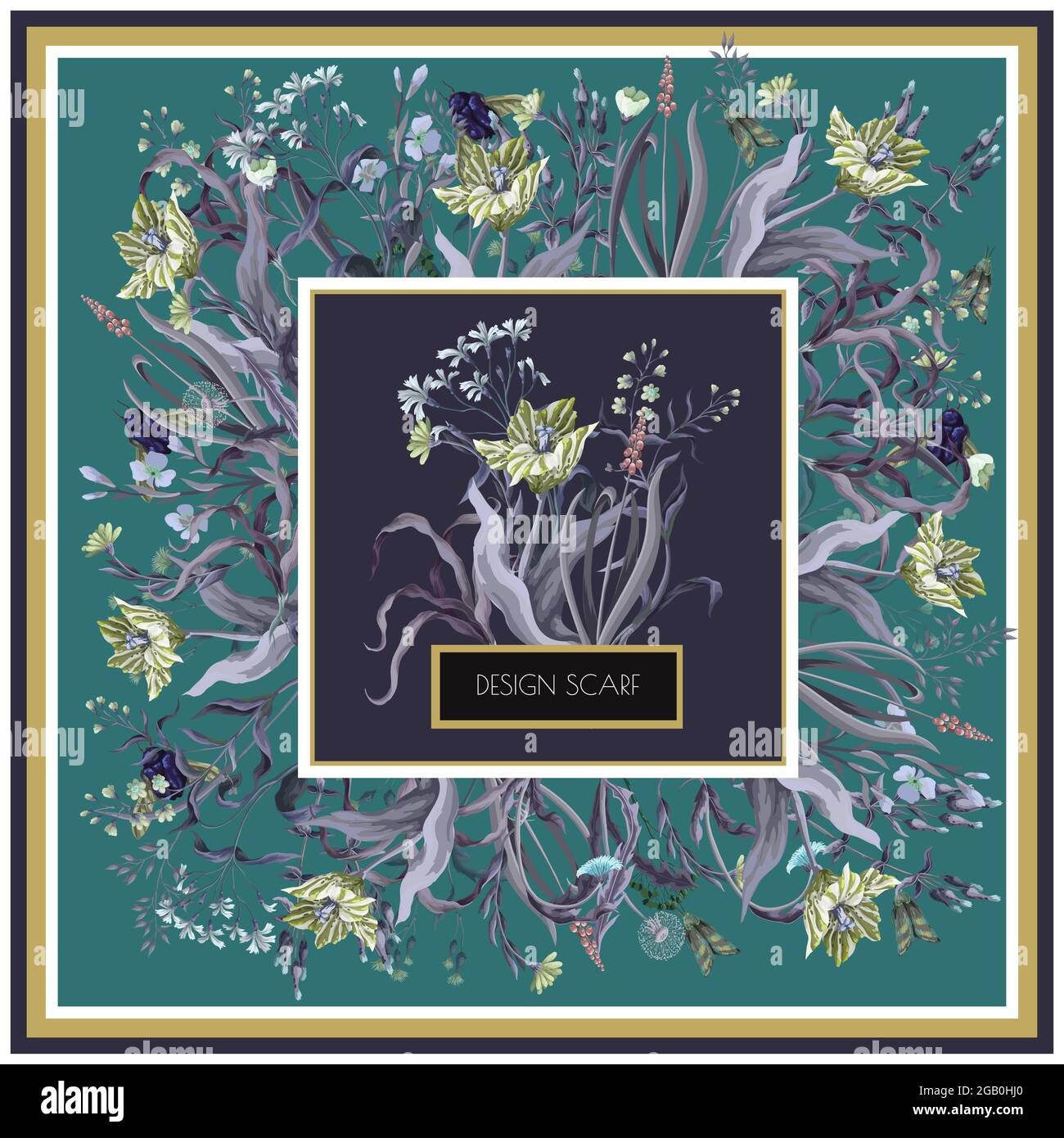 Design scarf with wild flowers and insects. Trendy vector print Stock ...