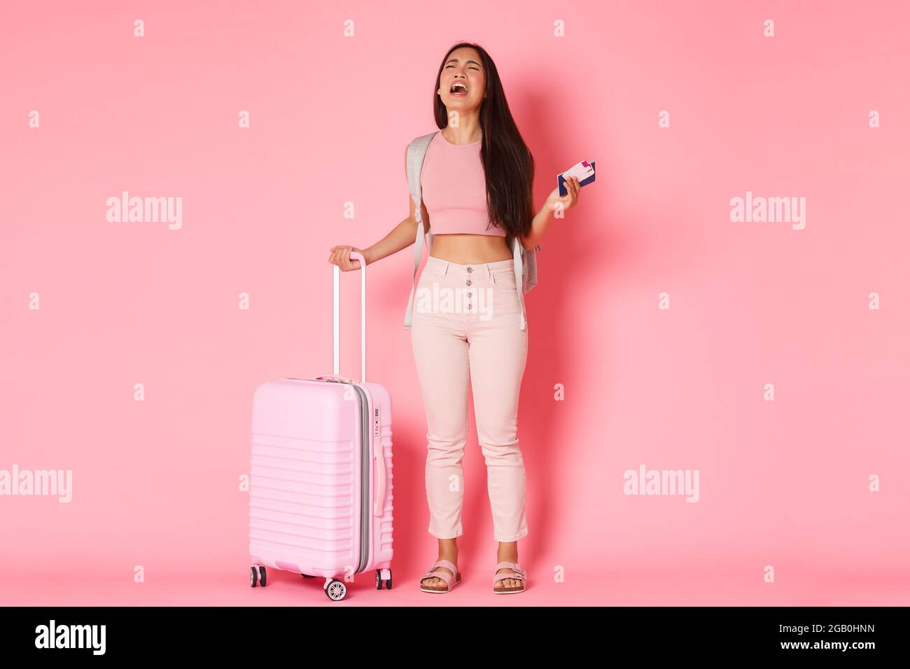 Travelling, holidays and vacation concept. Full-length of crying, sad ...