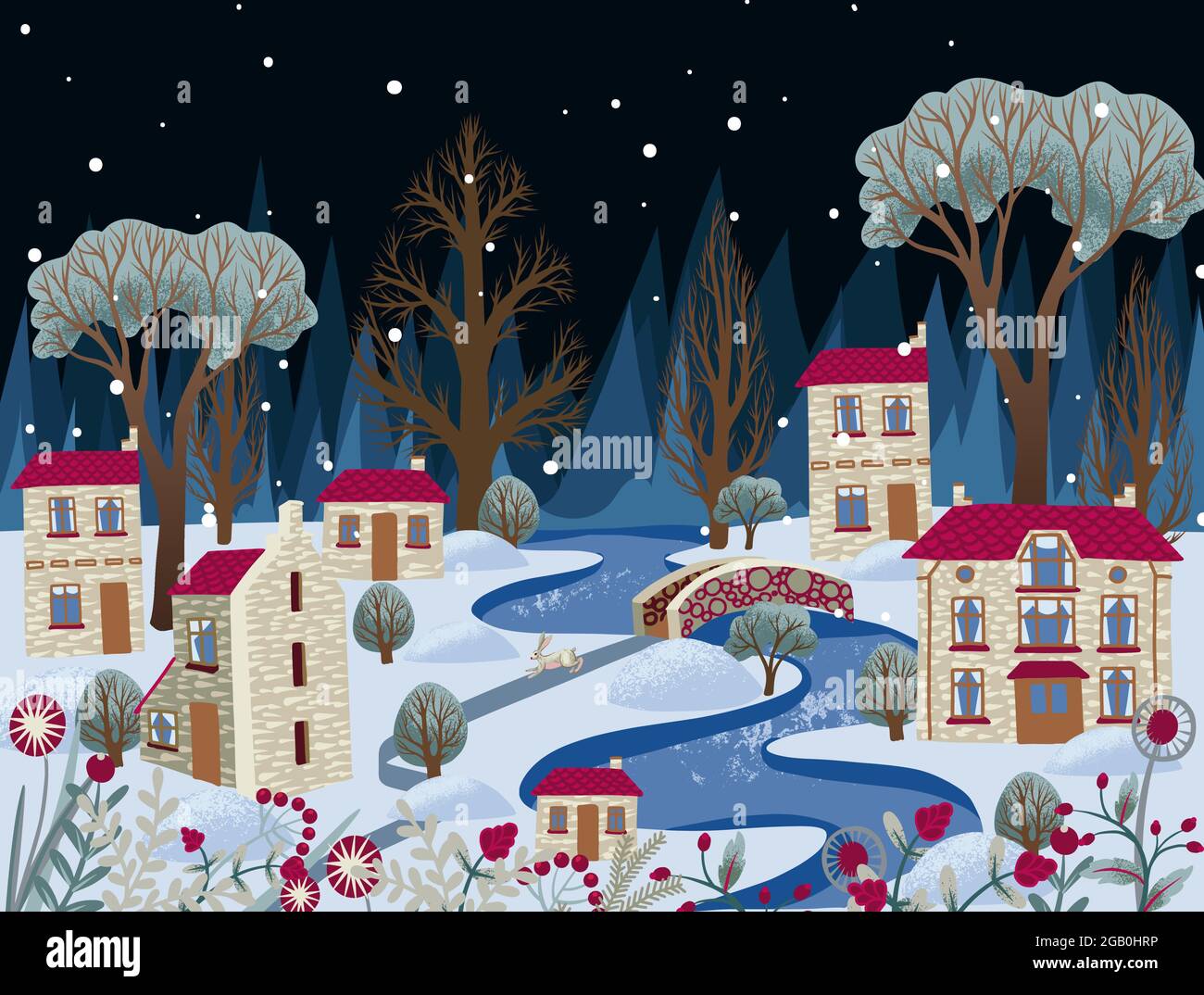 Greeting card or poster with Christmas town. Snowy city with river and ...