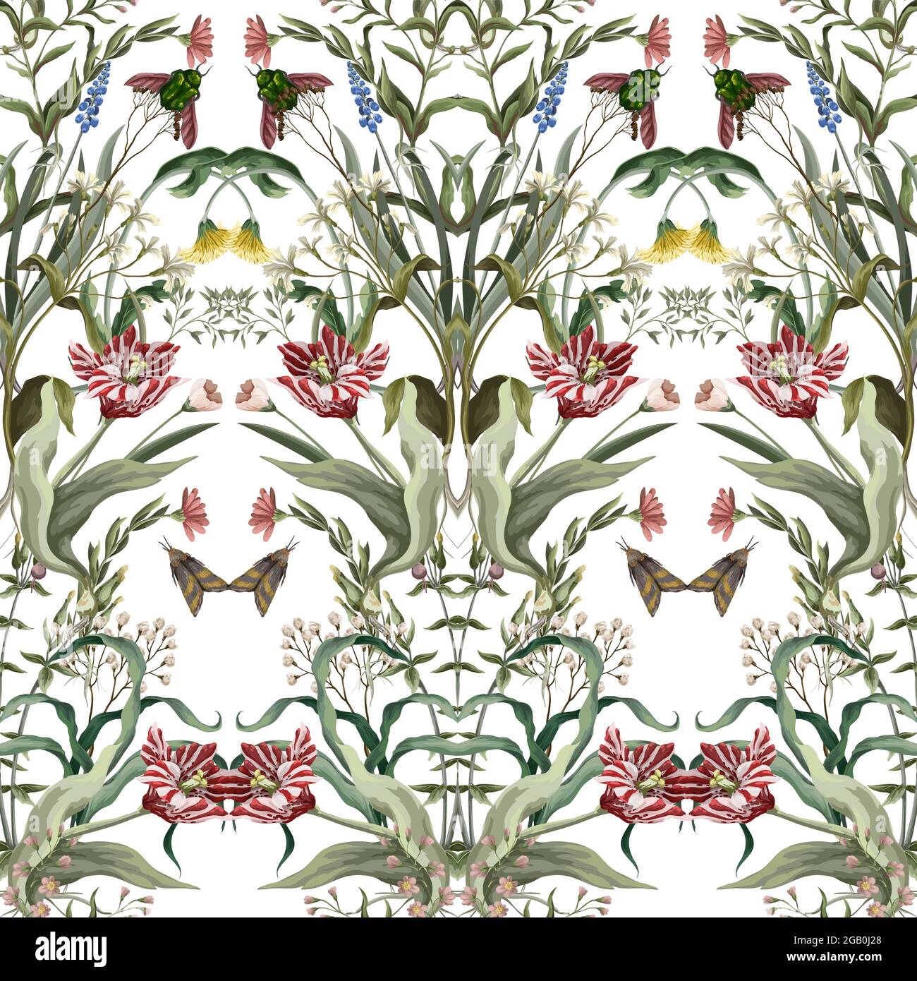 Seamless pattern with wild thin flowers and insects. Trendy botanical print Stock Vector Image ...
