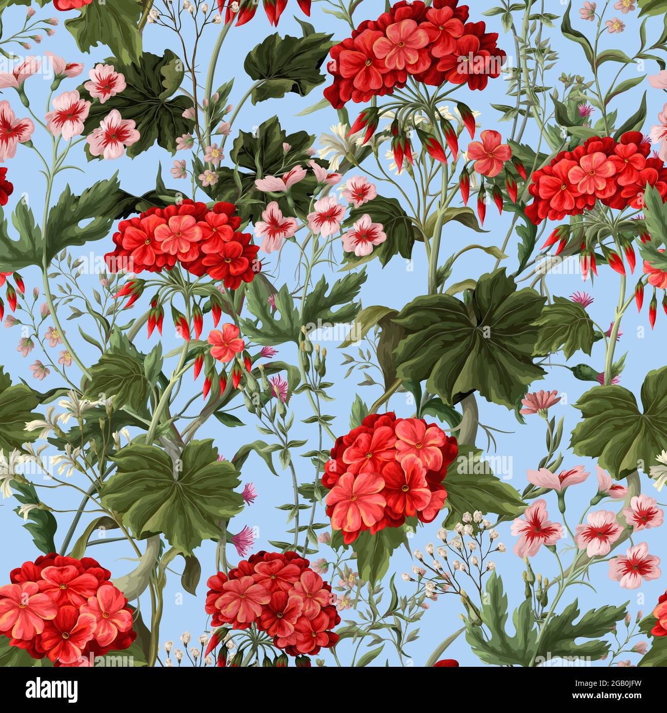 Seamless pattern with geraniums and wild flowers. Trendy floral vector ...