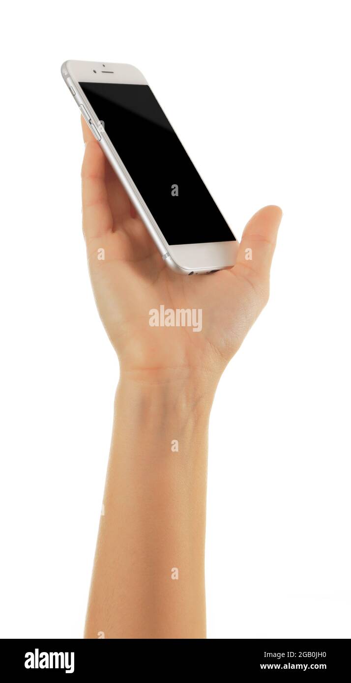 Hand holding white touch screen smart phone isolated on white ...