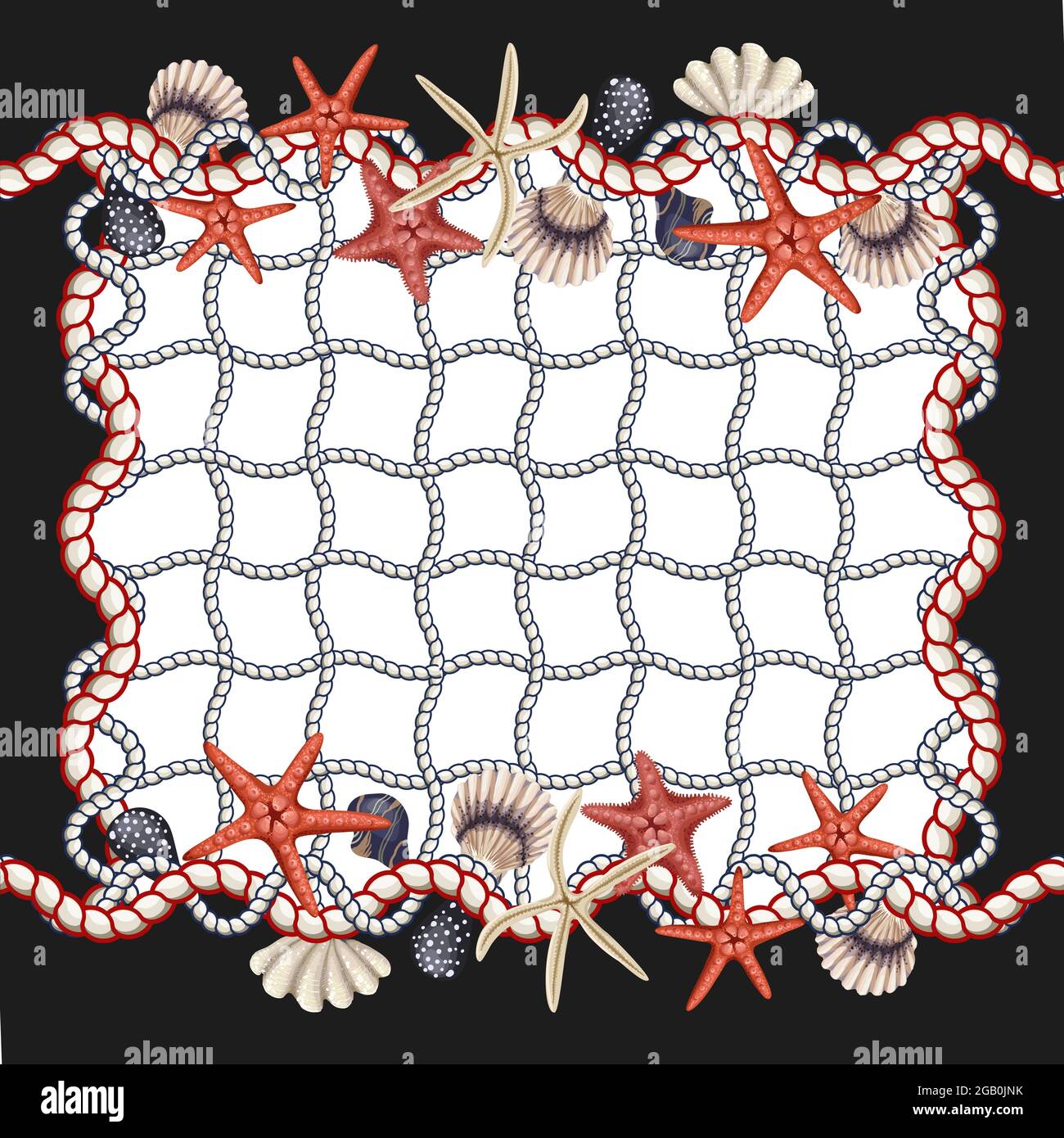 Design scarf with starfishes, shells and rope. Vector trendy print ...