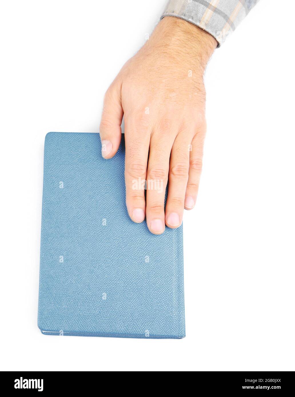 Man hand on book, isolated on white Stock Photo - Alamy