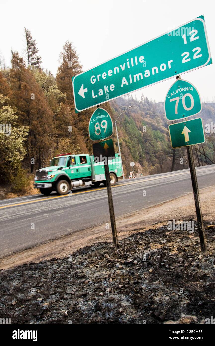 United States. 31st July, 2021. Aftermath of the Dixie fire after it ...