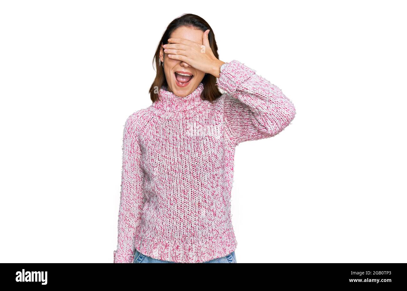 Young caucasian girl wearing wool winter sweater smiling and laughing ...