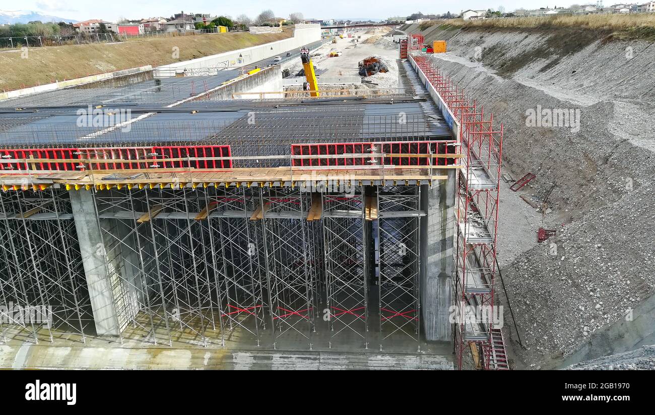 Highway construction site view. Civil engineering. Road on costruction ...
