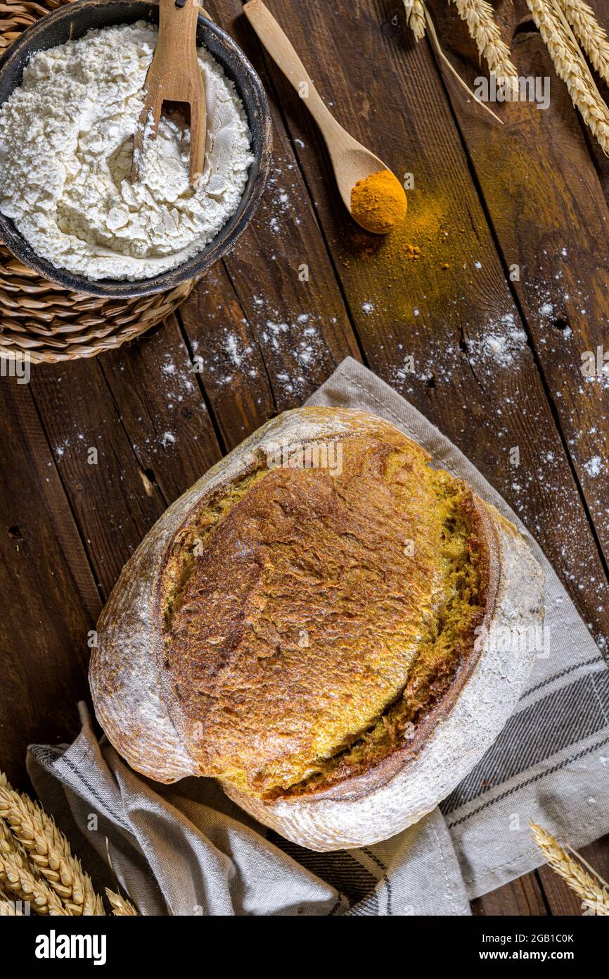 Homemade crispy turmeric bread, on a kitchen countertop Stock Photo - Alamy