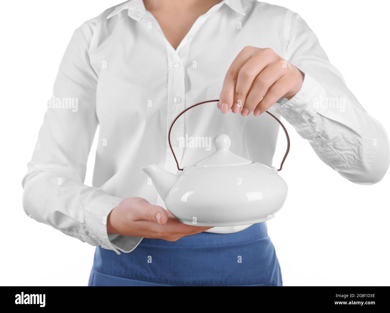 Waiter with teapot on white background Stock Photo - Alamy