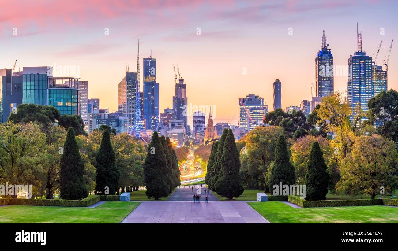Panorama view of Melbourne city skyline at twilight in Australia Stock ...