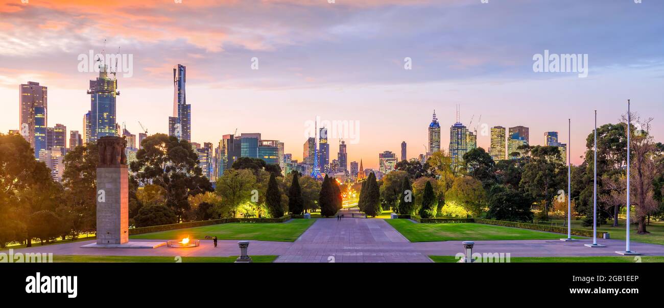 Panorama view of Melbourne city skyline at twilight in Australia Stock ...