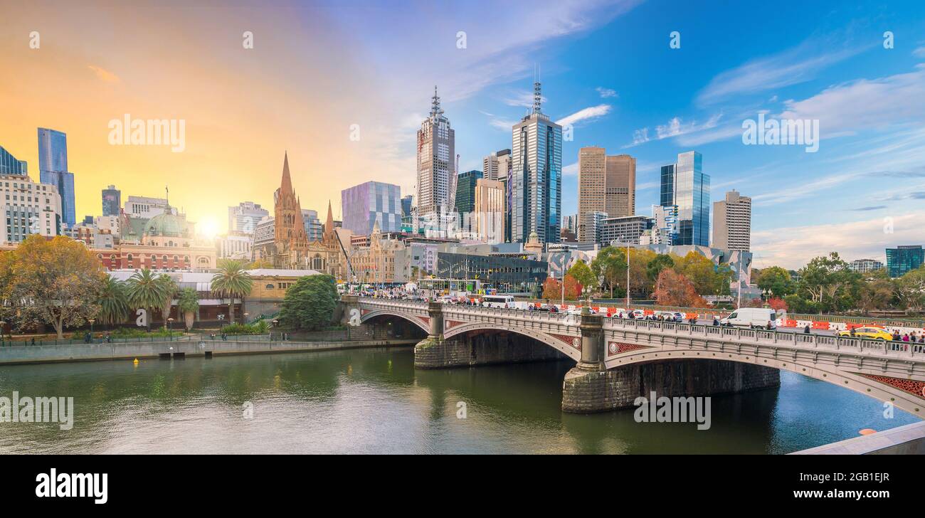 Panorama view of Melbourne city skyline at twilight in Australia Stock ...