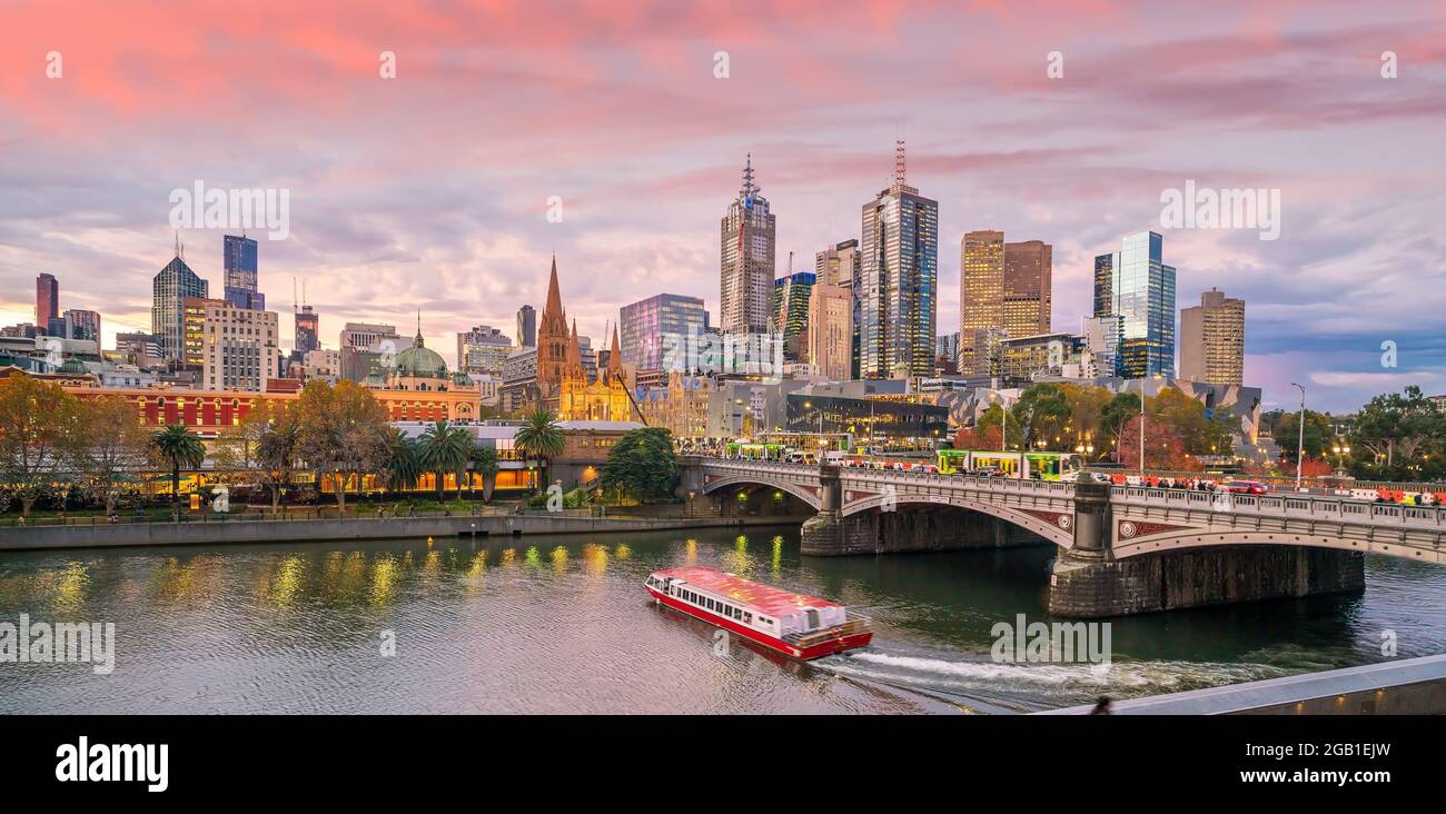 Panorama view of Melbourne city skyline at twilight in Australia Stock ...