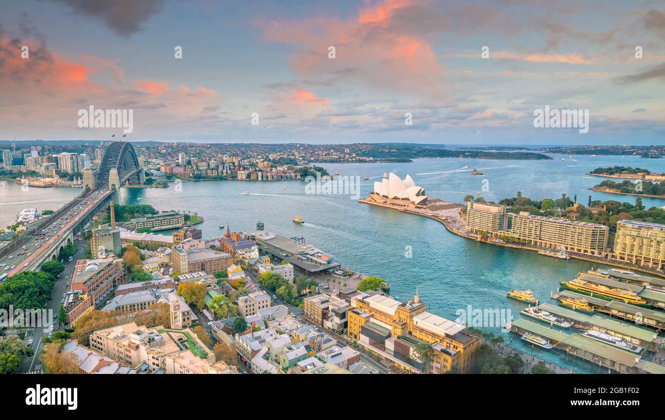 Downtown Sydney skyline in Australia from top view at twilight Stock ...