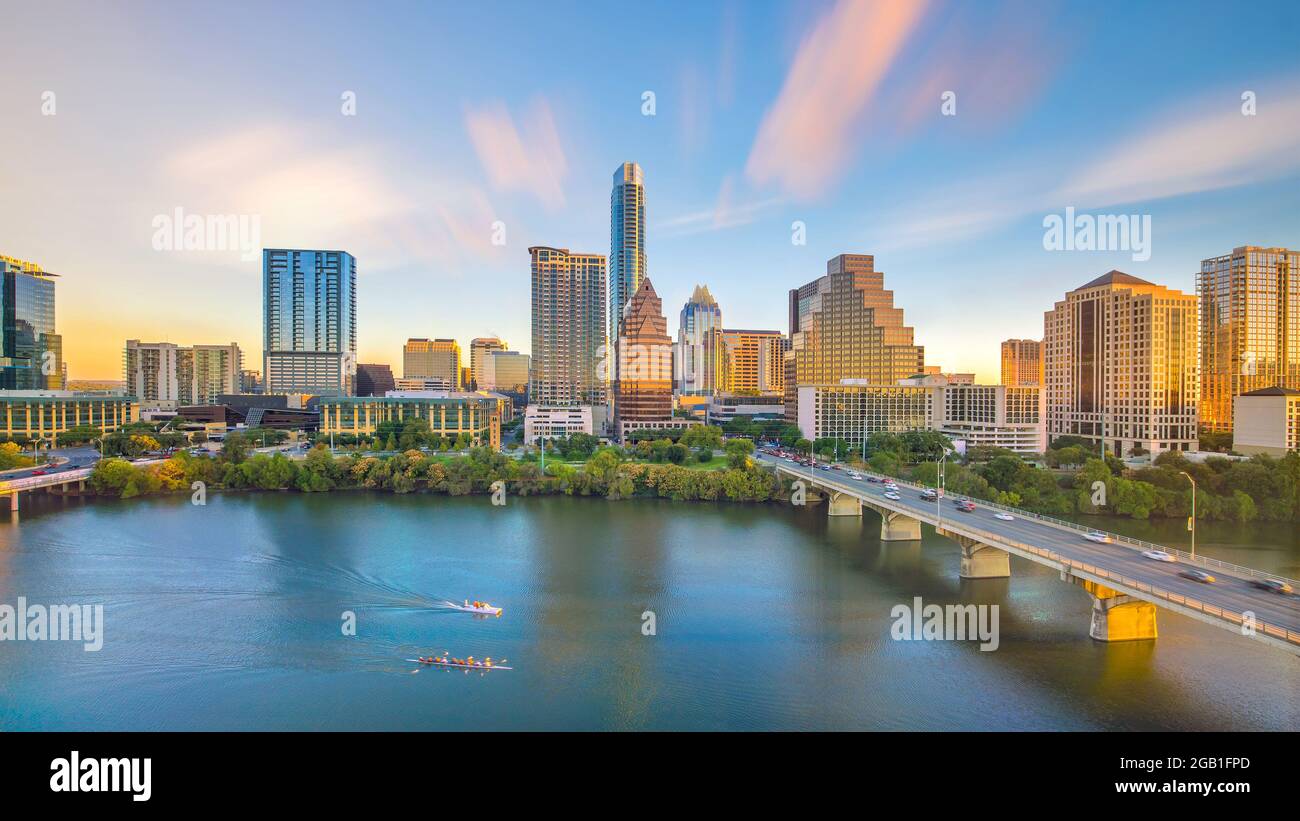 Downtown Skyline of Austin, Texas in USA from top view at sunset Stock ...
