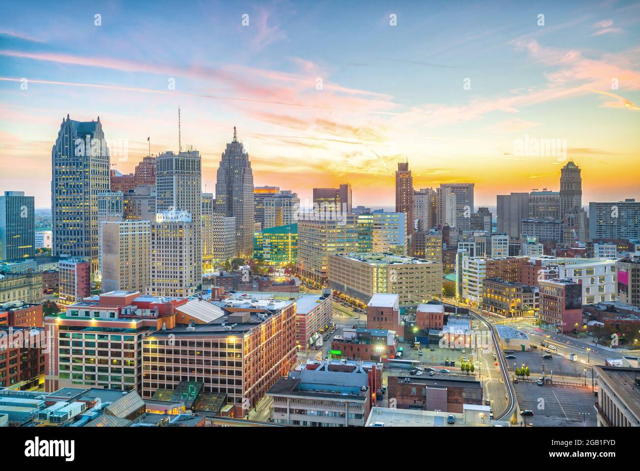 Aerial view of downtown Detroit at sunset in Michigan, USA Stock Photo ...