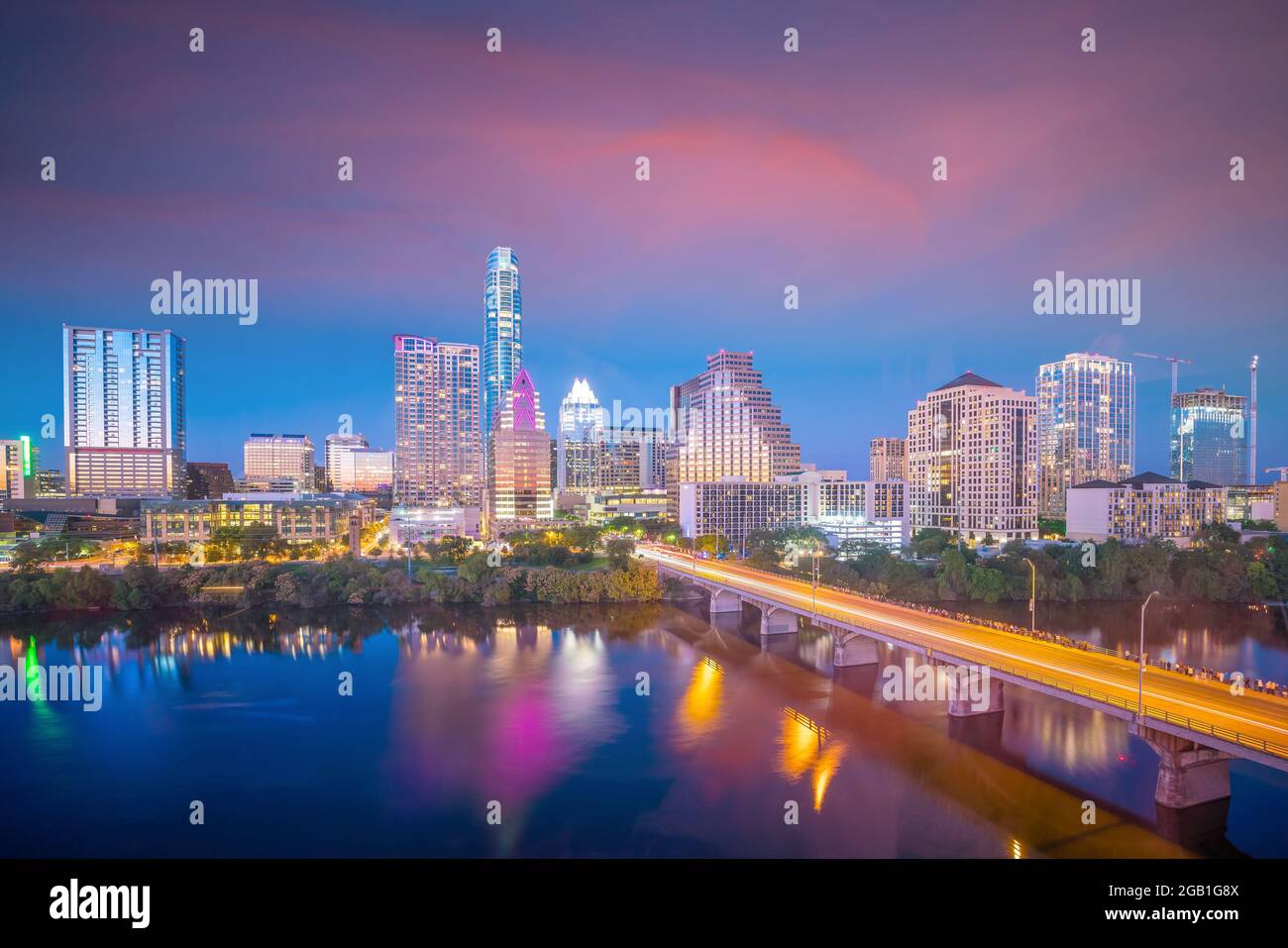 Downtown Skyline of Austin, Texas in USA from top view at sunset Stock ...