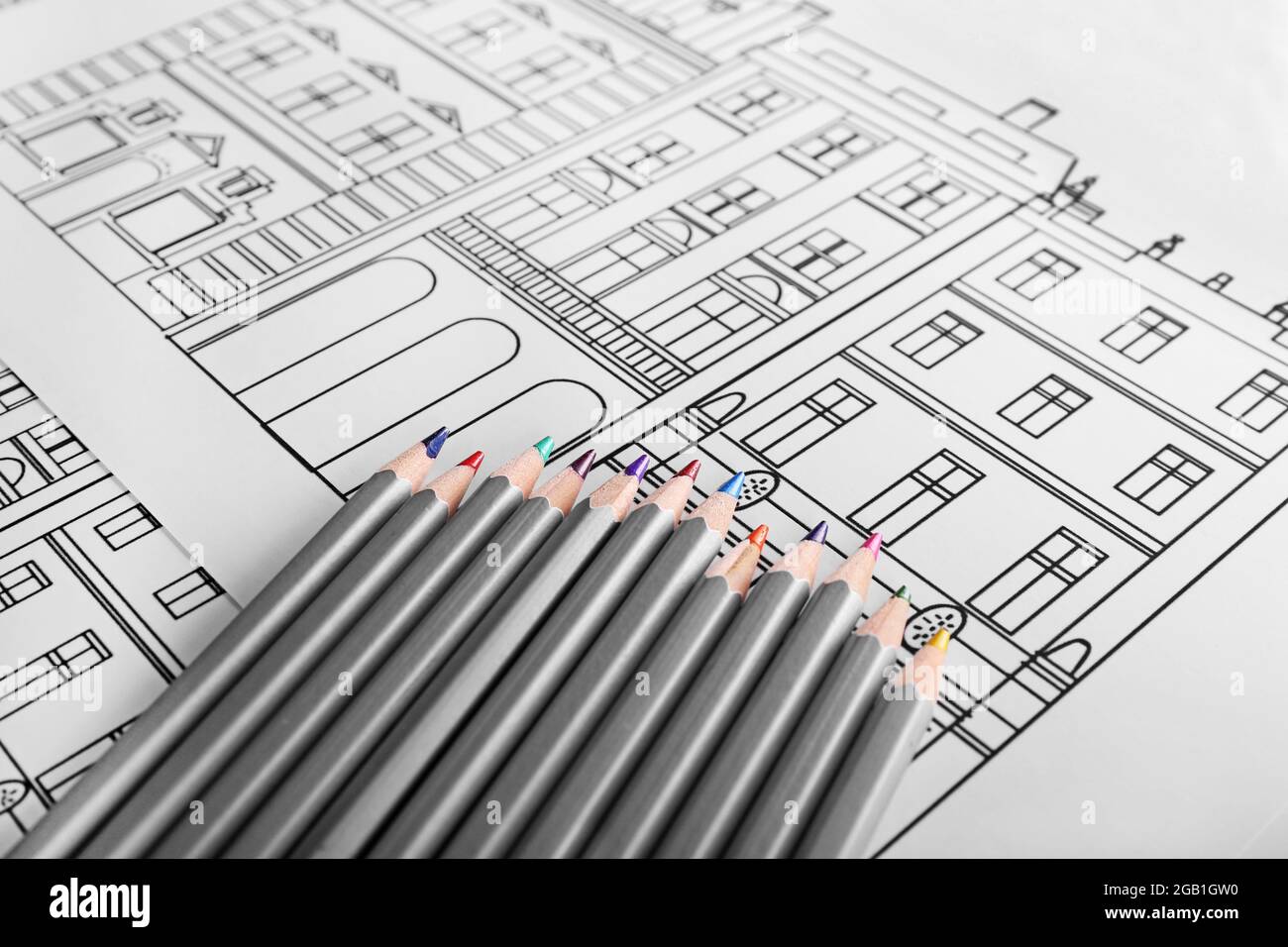 Drawing of buildings and colour pencils Stock Photo - Alamy
