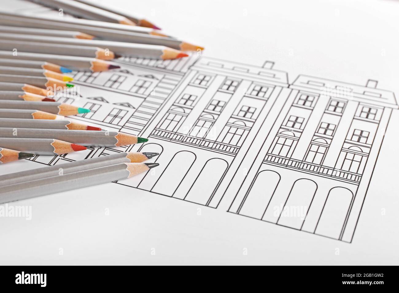 Drawing of buildings and colour pencils Stock Photo - Alamy