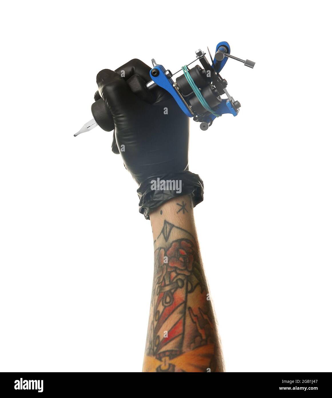 Man's hand holding tattoo machine on white background Stock Photo - Alamy