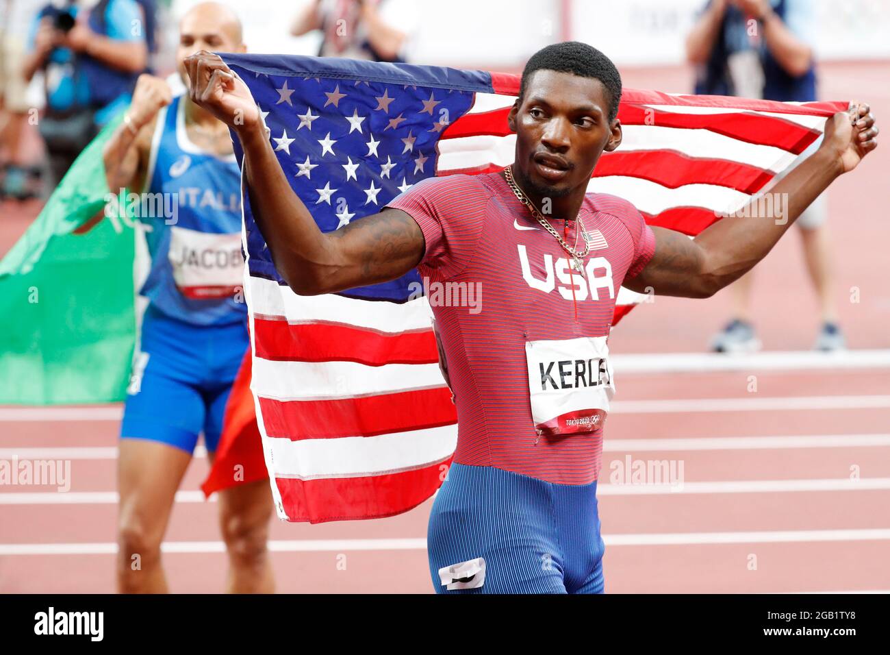 Tokyo, Kanto, Japan. 1st Aug, 2021. Silver medalist Fred Kerley (USA) after the men's 100m final ...