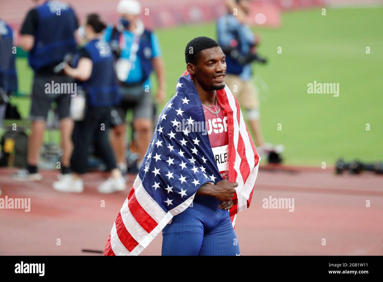 Tokyo, Kanto, Japan. 1st Aug, 2021. Silver medalist Fred Kerley (USA) after the men's 100m final ...