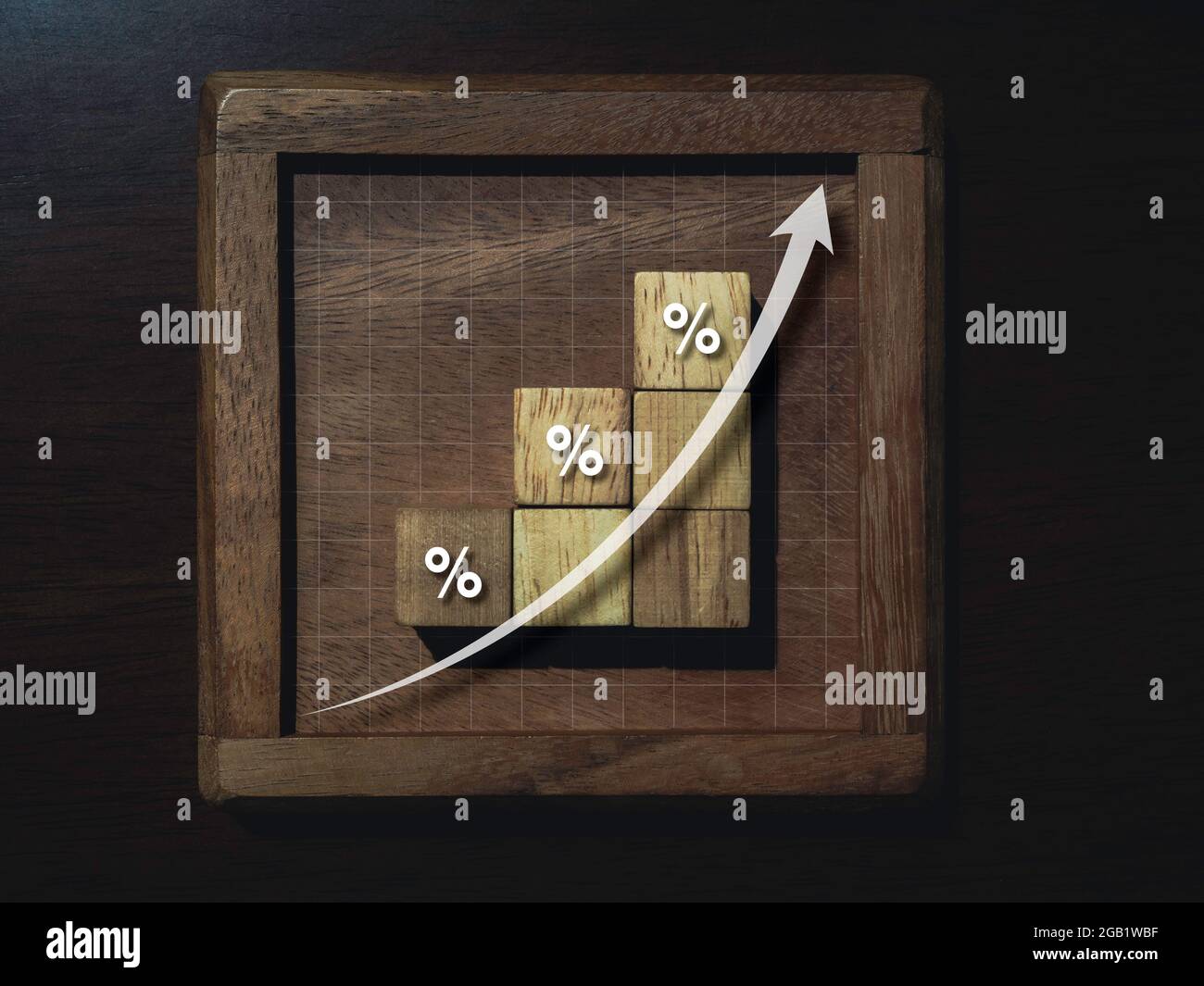 Rising up arrow on wooden blocks chart steps with percentage icons on ...