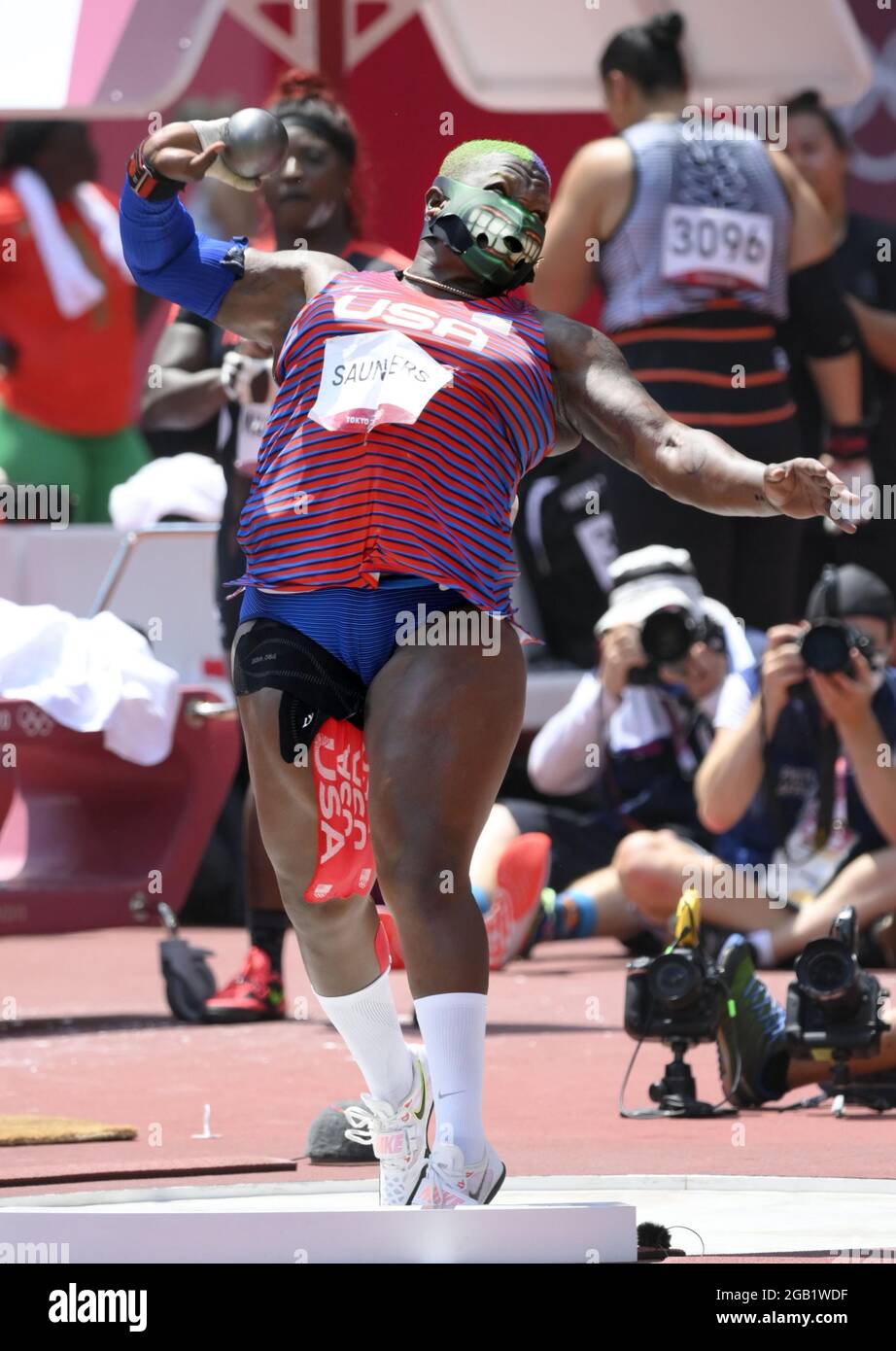 Raven Saunders of the United States competes in the women's shot put ...