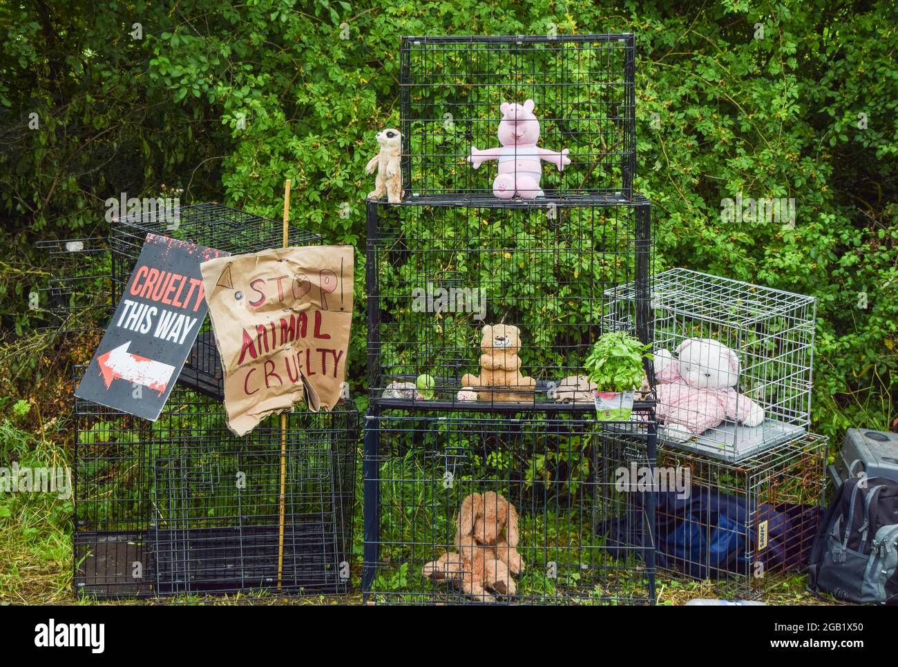 Huntingdon, UK. 01st Aug, 2021. Cages with plush animal toys are seen ...