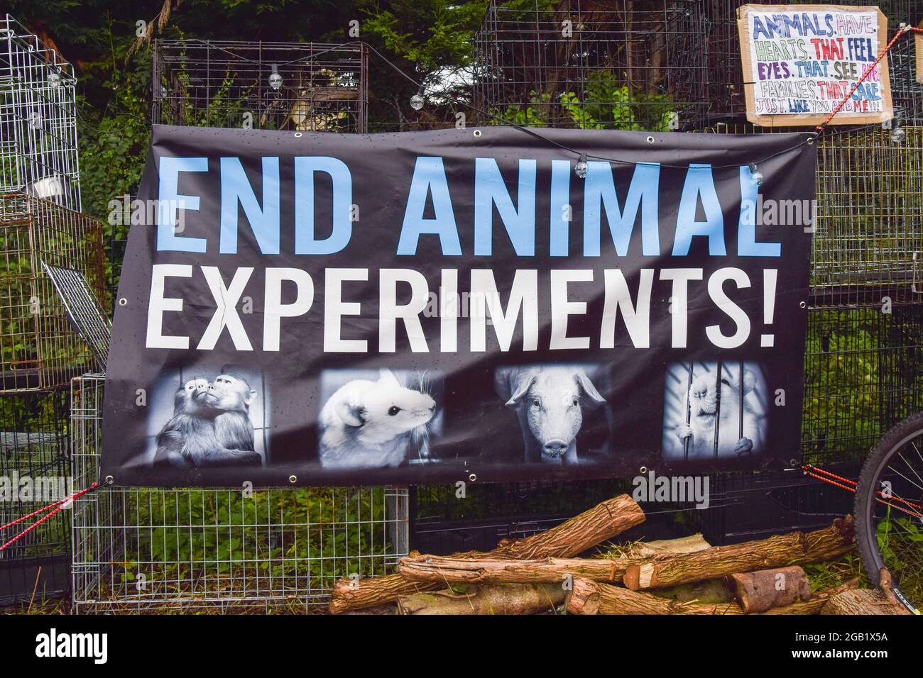 Huntingdon, UK. 01st Aug, 2021. An 'End Animal Experiments!' banner ...
