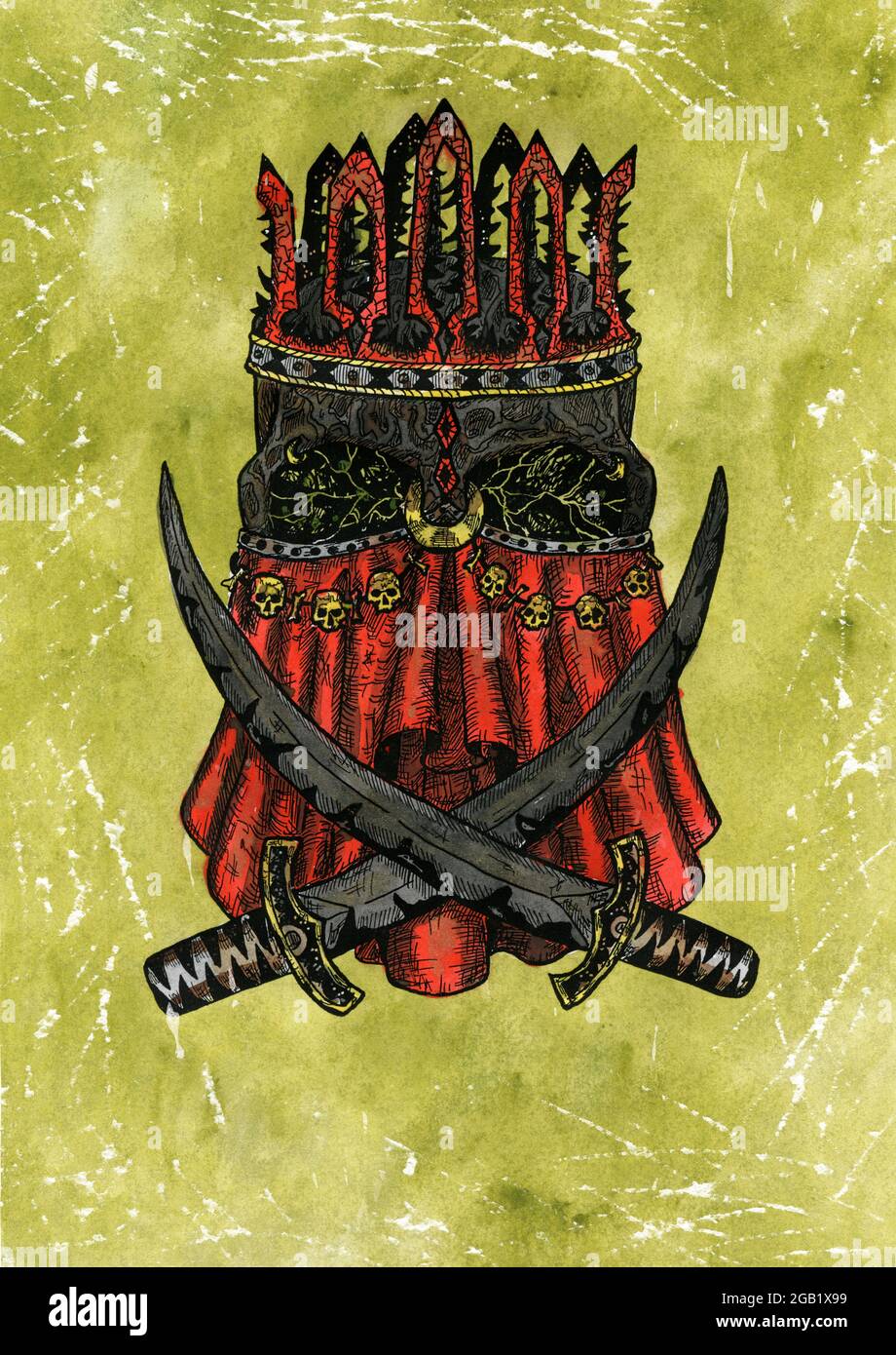 Grunge watercolor illustration of creepy skull in mask with two swords ...