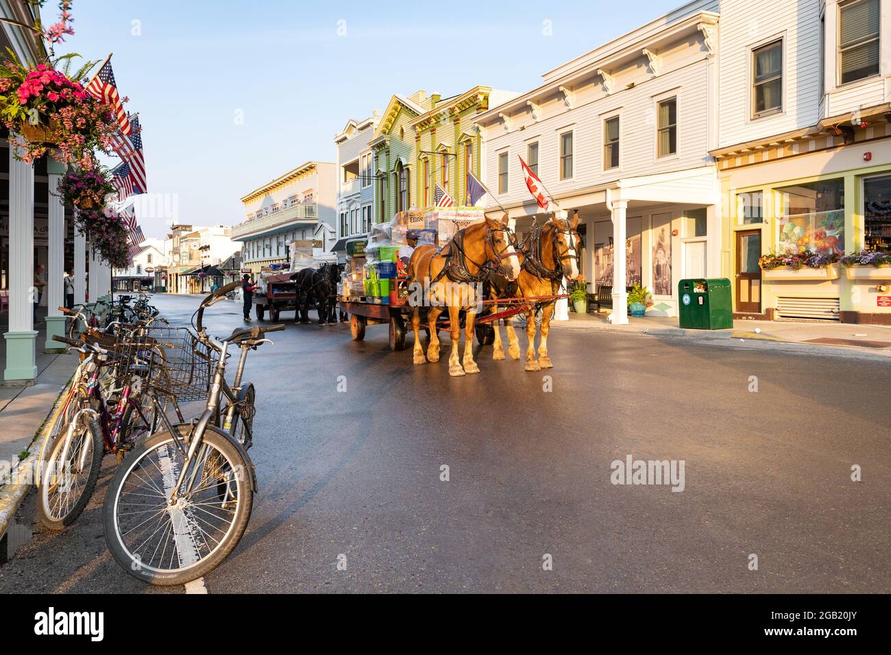 Mackinac island Michigan main street in the early morning after rain ...