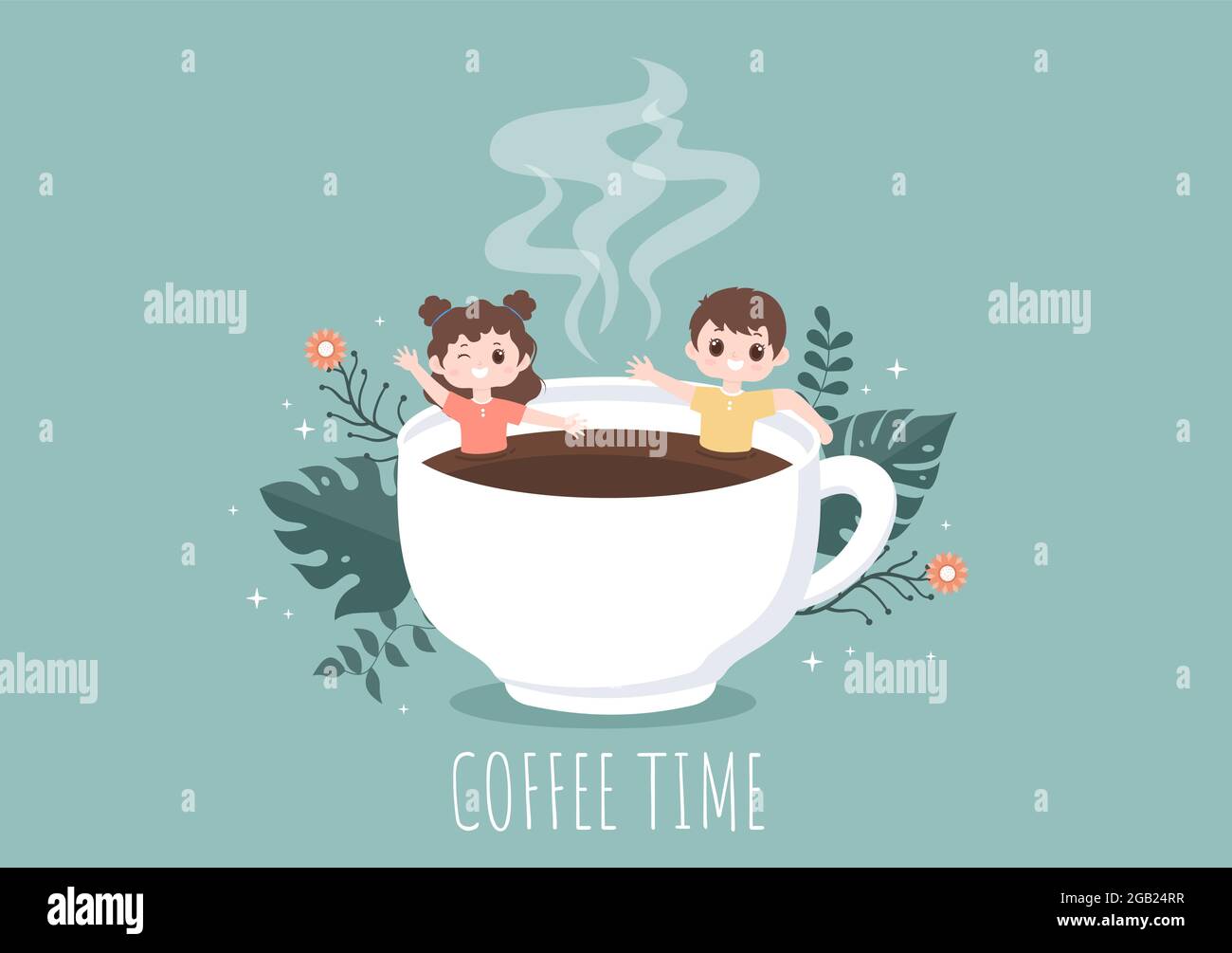 Coffee Cup Background Vector Flat Illustration With Cacao Beans, Grains ...