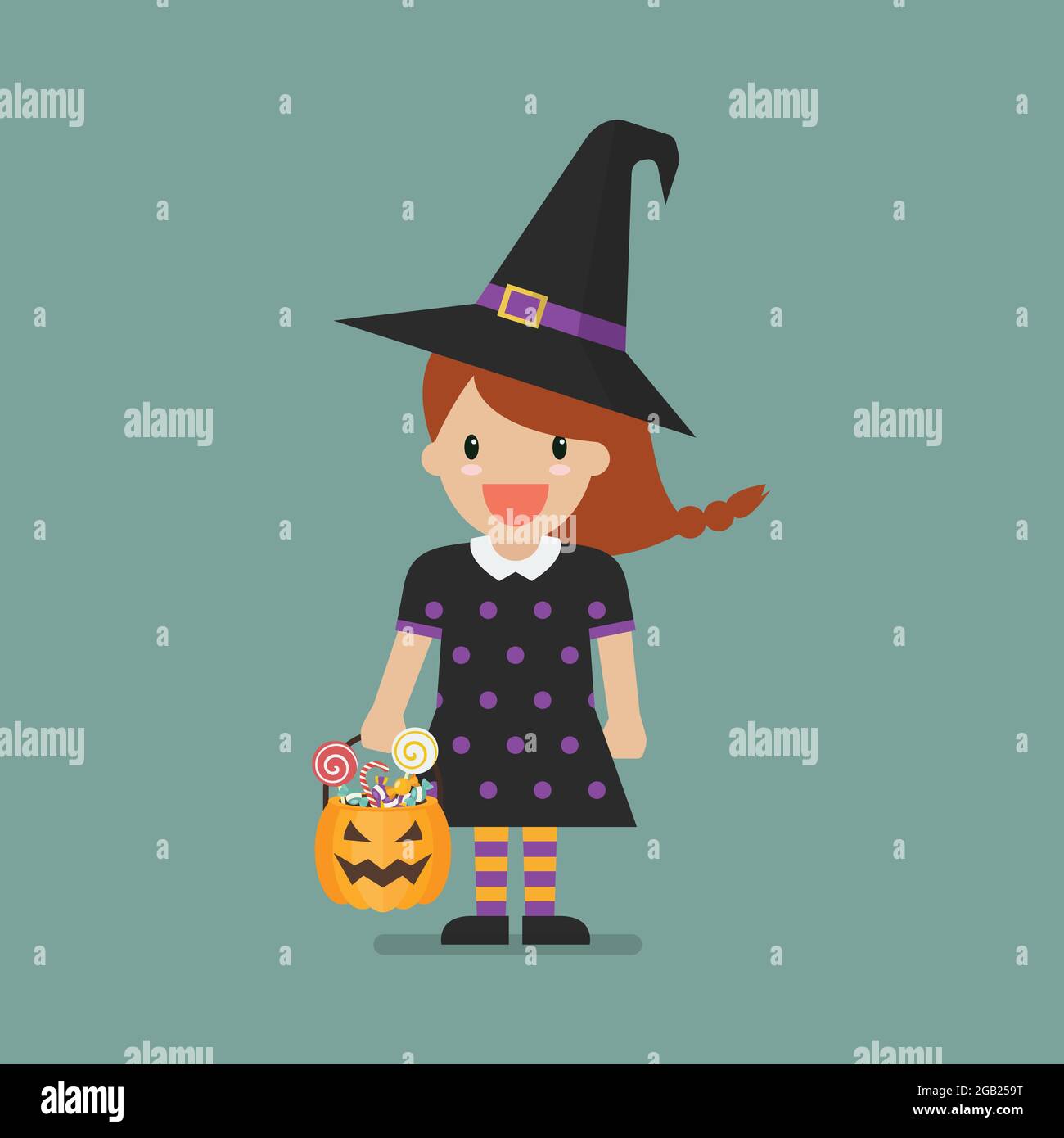 Girl in witch costume. Halloween holiday party. Vector illustration ...