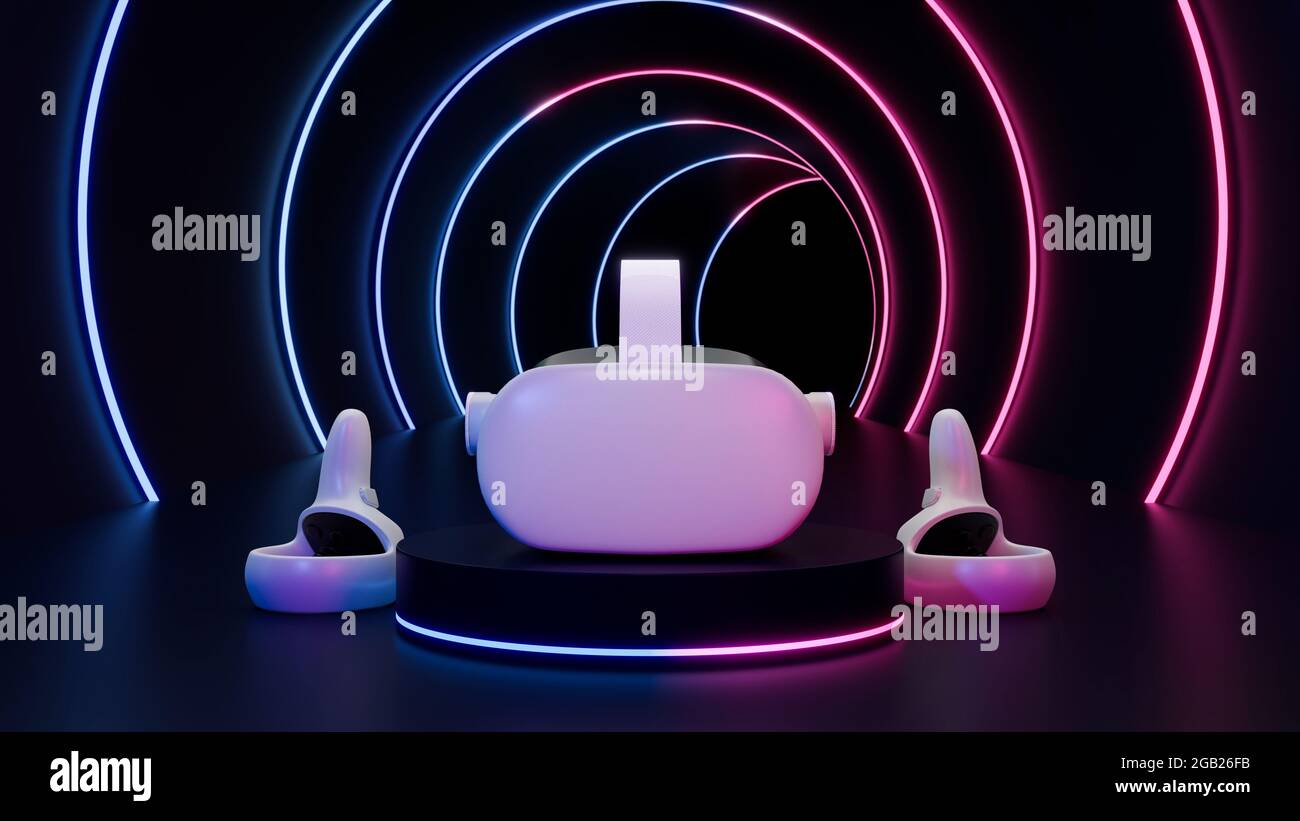 Virtual reality helmet with controllers, VR gaming, virtual experiment ...