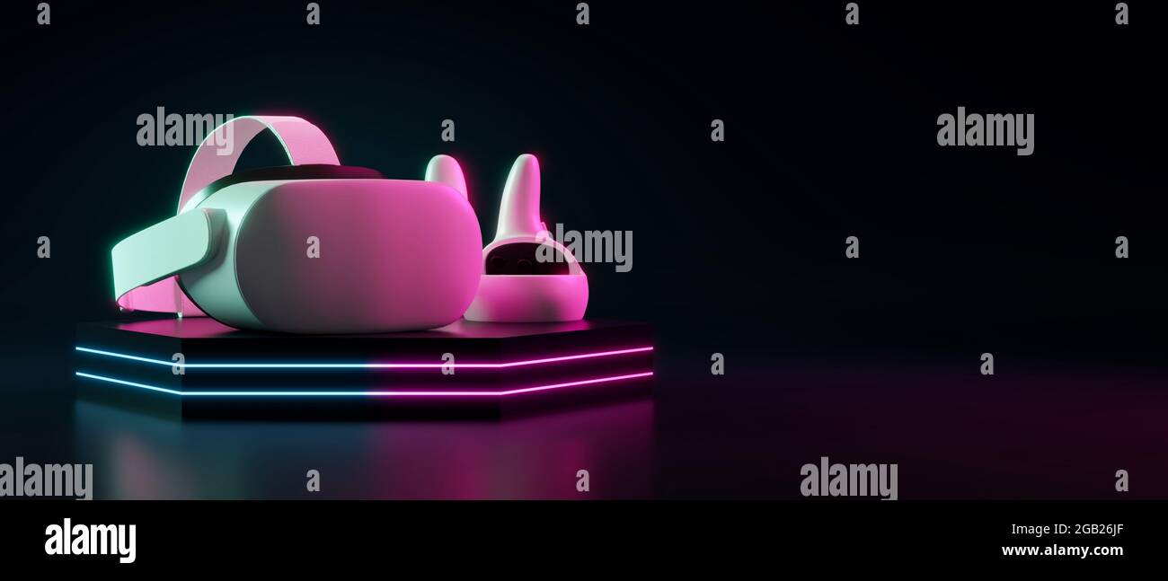 Virtual reality goggles, VR glasses, headset with controllers on neon ...