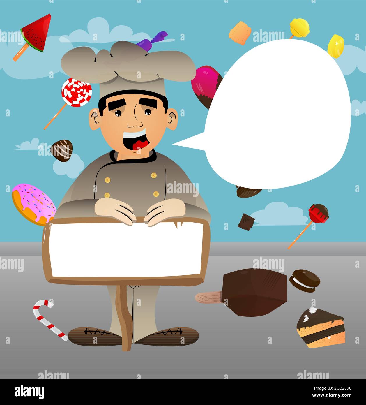 Fat male cartoon chef in uniform with blank paper on wood. Vector ...