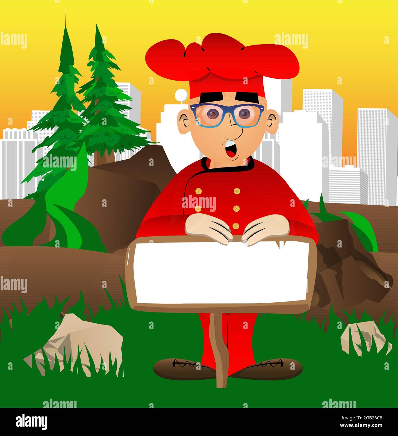 Fat male cartoon chef in uniform with blank paper on wood. Vector ...