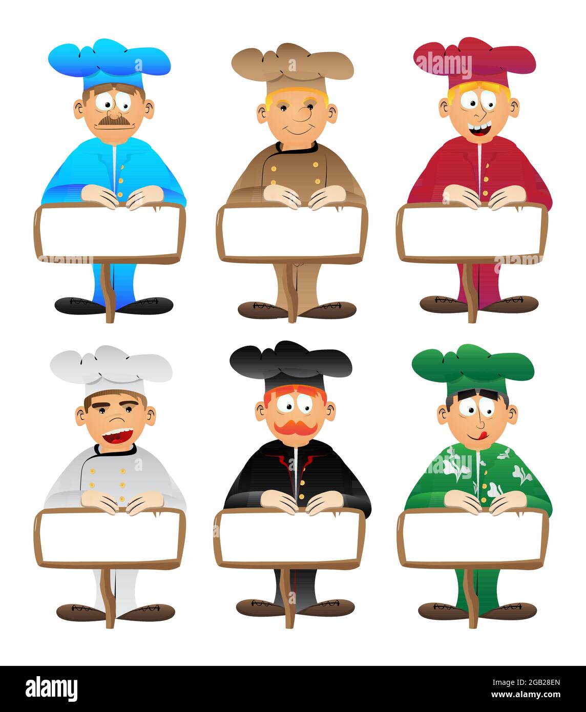 Fat male cartoon chef in uniform with blank paper on wood. Vector ...